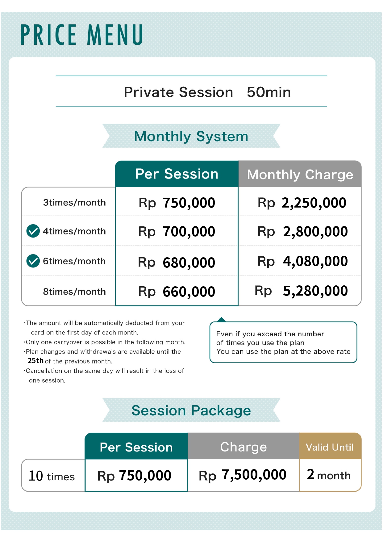 Class Pricing - luluto Pilates Studio Jakarta